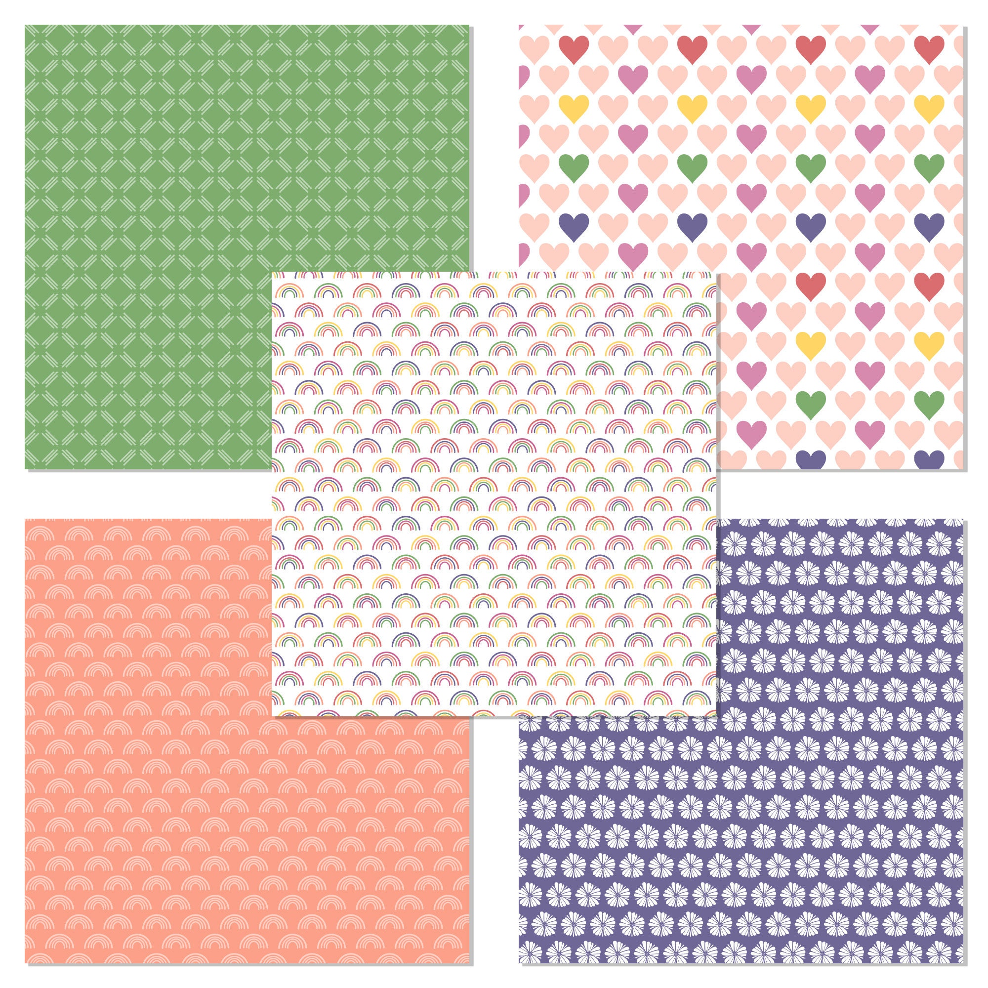 Rainbow Digital Paper, Flower, Heart, Rainbows & Geometric Patterns ...