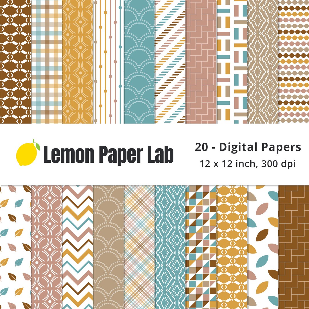 Retro Geometric Digital Paper, Blue, Brown, Tan, Terracotta & Yellow ...