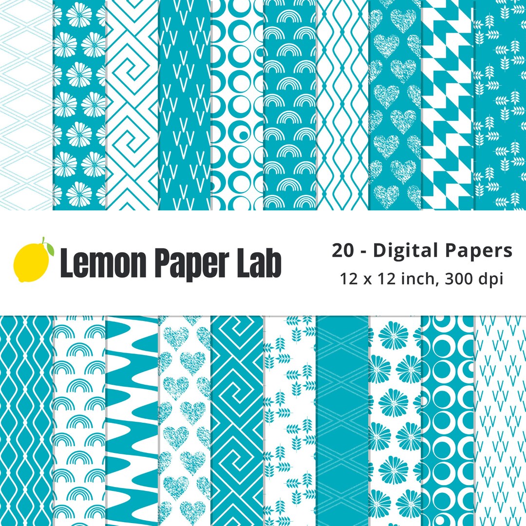 Turquoise Geometric Designs, Seamless Blue & White Digital Paper ...