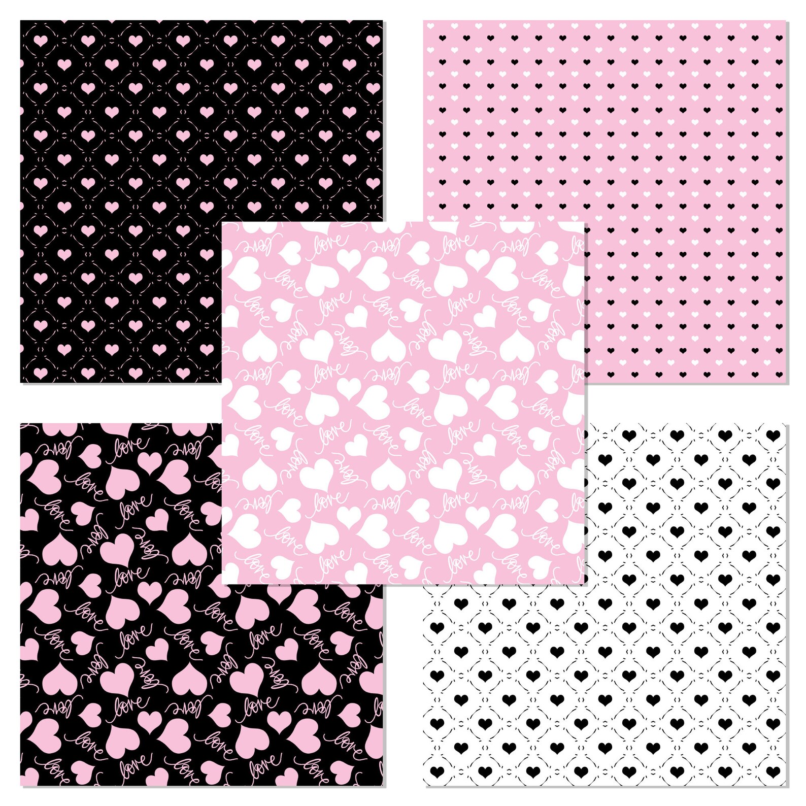 Light Pink, Black & White Digital Paper, Pink Heart Patterns, Valentine ...
