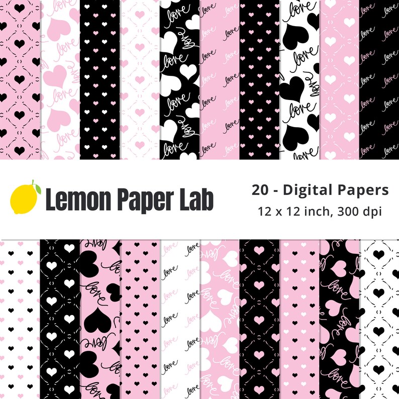 Light Pink, Black & White Digital Paper, Pink Heart Patterns, Valentine ...