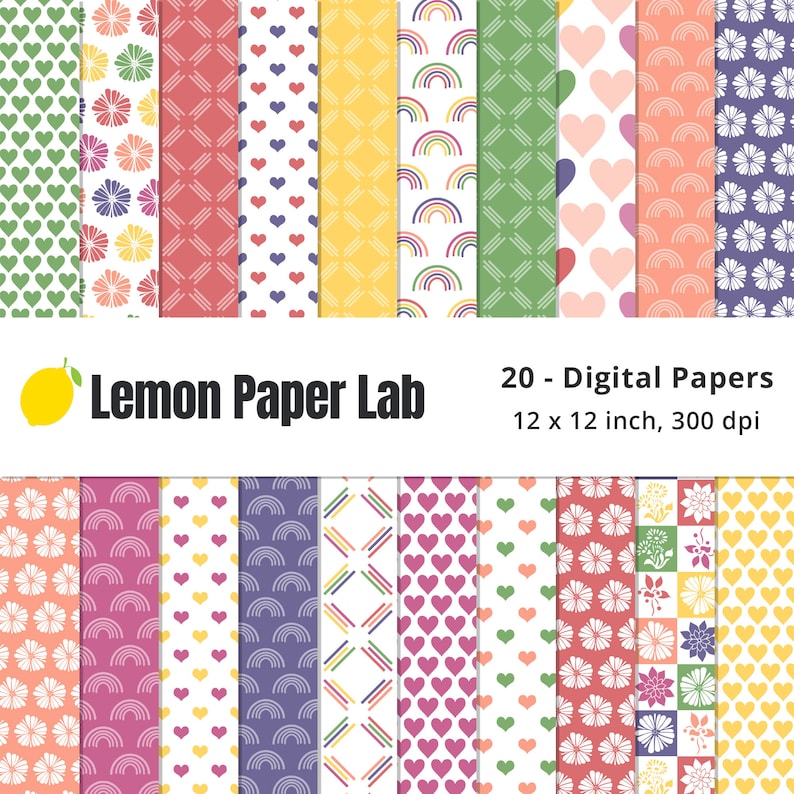 Rainbow Digital Paper, Flower, Heart, Rainbows & Geometric Patterns ...