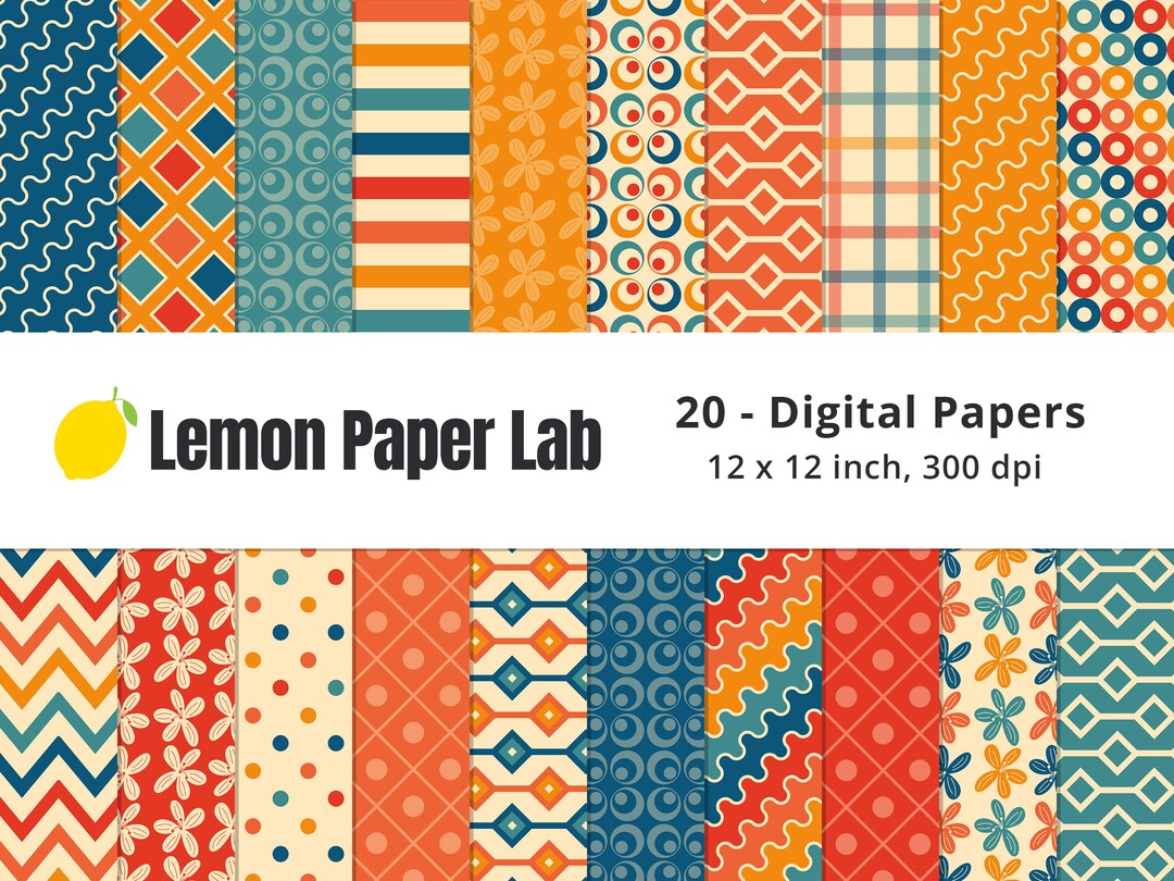 Retro Digital Paper, Retro Colors, Red & Blue Pattern, Geometric ...