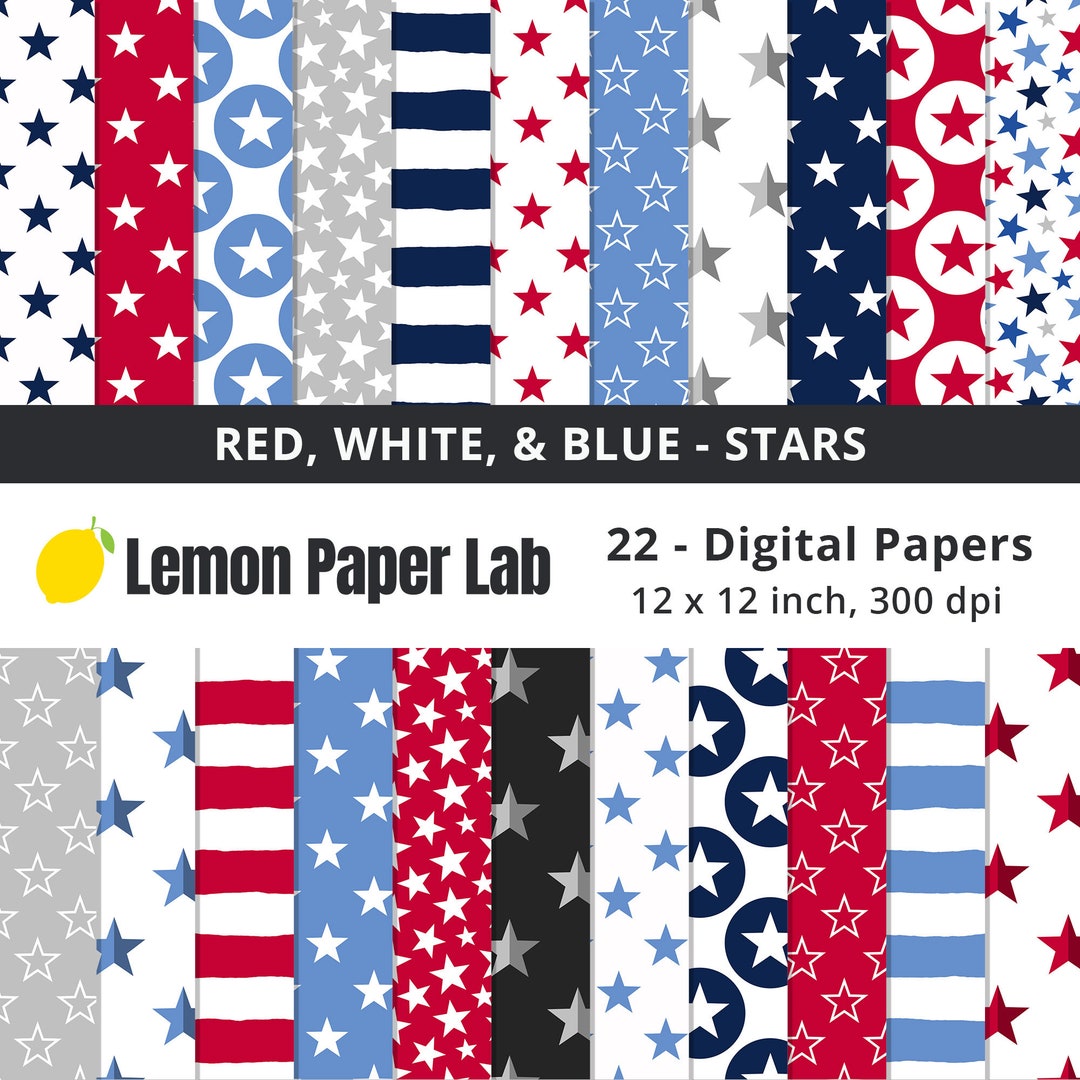 4th of July Digital Paper Red, White and Blue Stars, Seamless Patterns ...