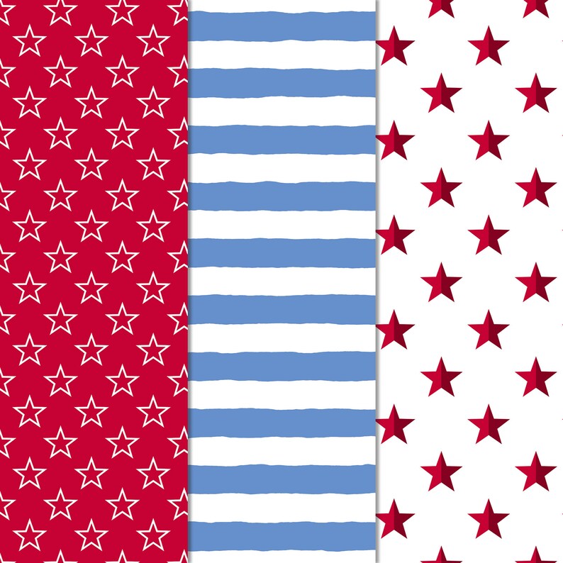 4th of July Digital Paper Red, White and Blue Stars, Seamless Patterns ...
