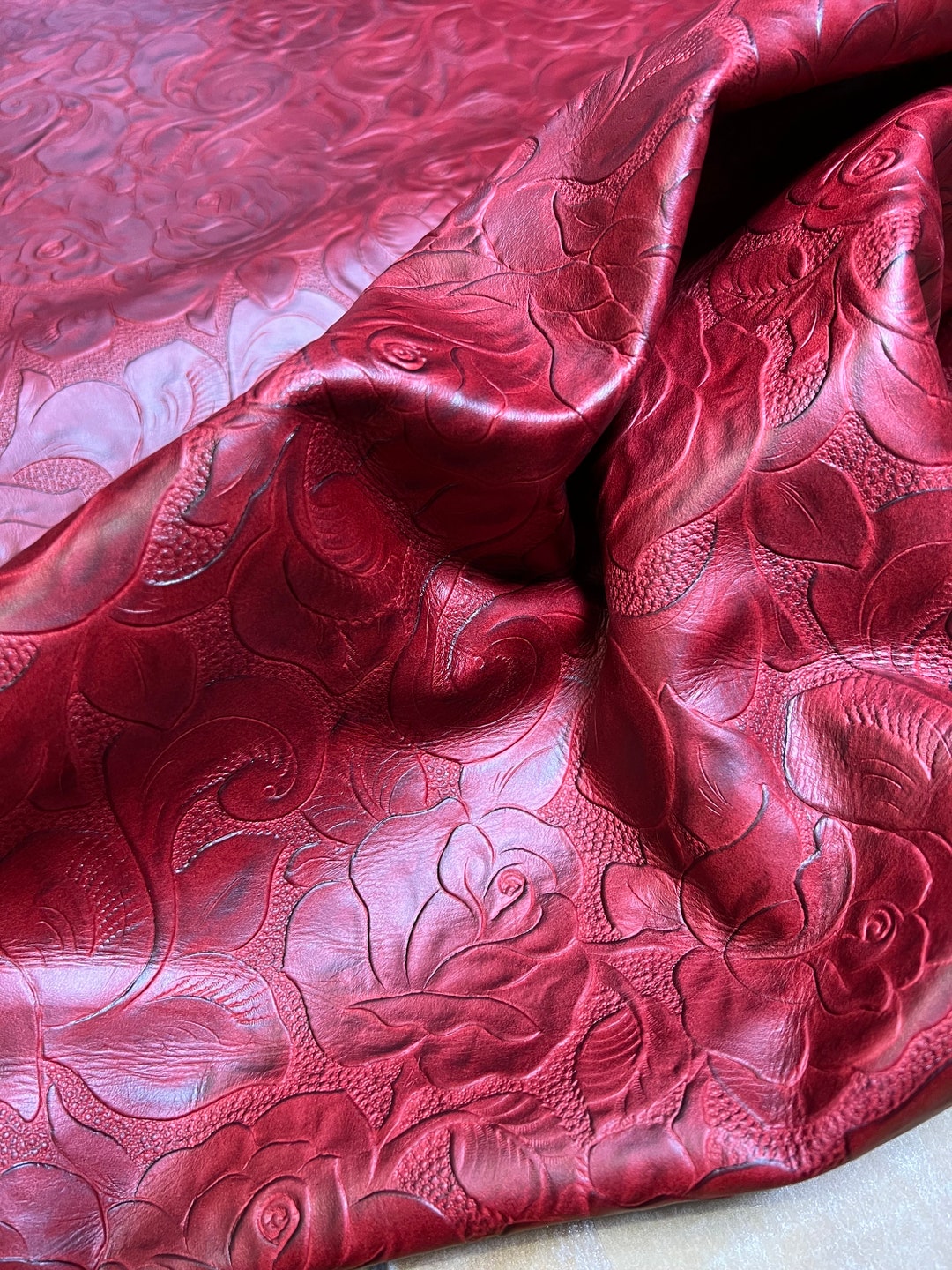 SAMPLE SALE Floral Embossed Cowhide Leather - Red - Etsy