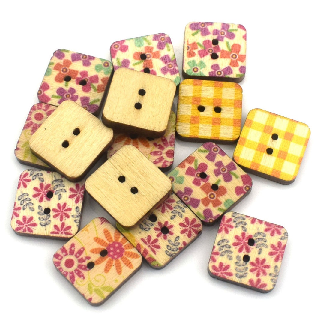 Mix of Colorful Square Buttons, Wooden Square Floral Buttons / 15mm ...