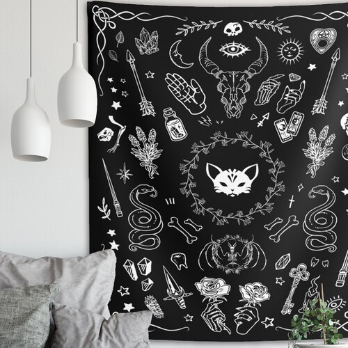 Gothic Witchy Tapestry Witchcraft Magic Moon Skulls Black | Etsy