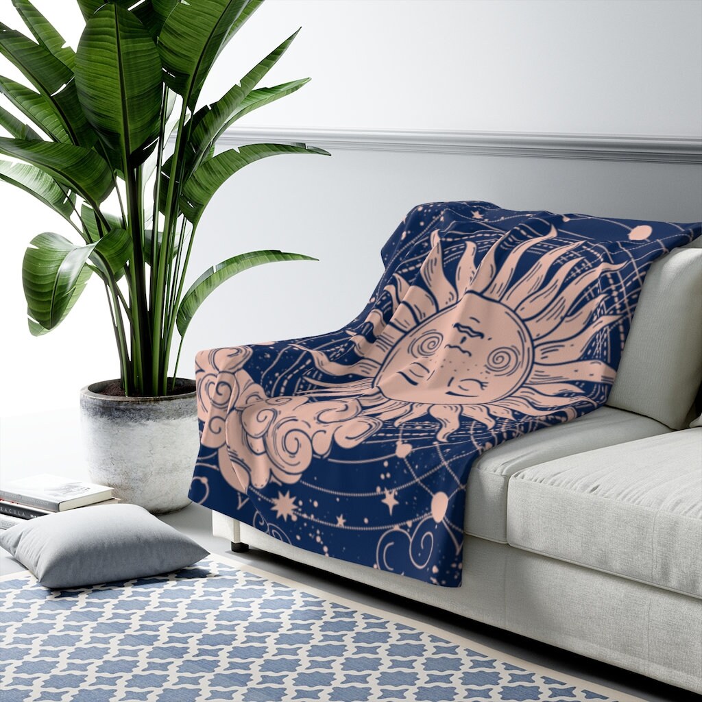 Sun Moon Soft Fluffy Blanket Blue Celestial Sky Throw Clouds Bohemian ...