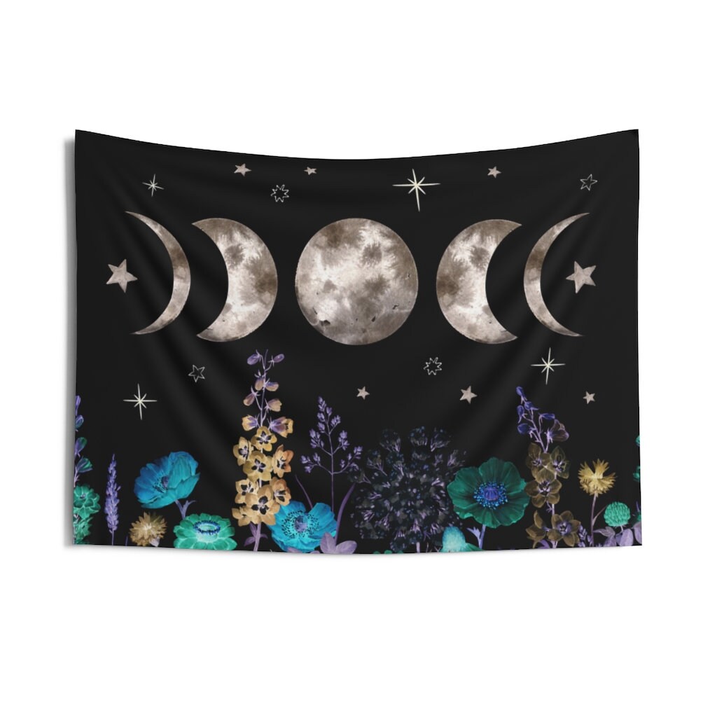 Moon Phases Tapestry Starry Night Floral Wall Hanging Sun Moon | Etsy