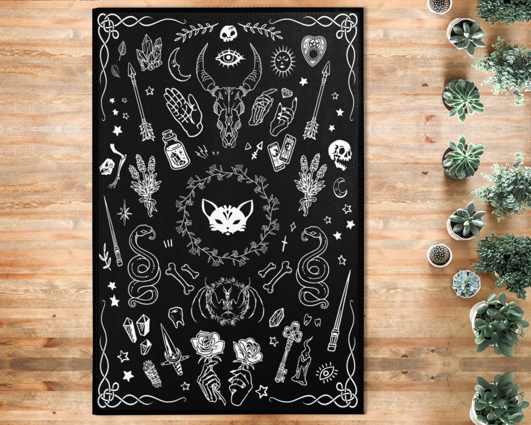 Gothic Witchy Area Rug Witchcraft Magic Moon Skulls Snake Sphynx Black ...