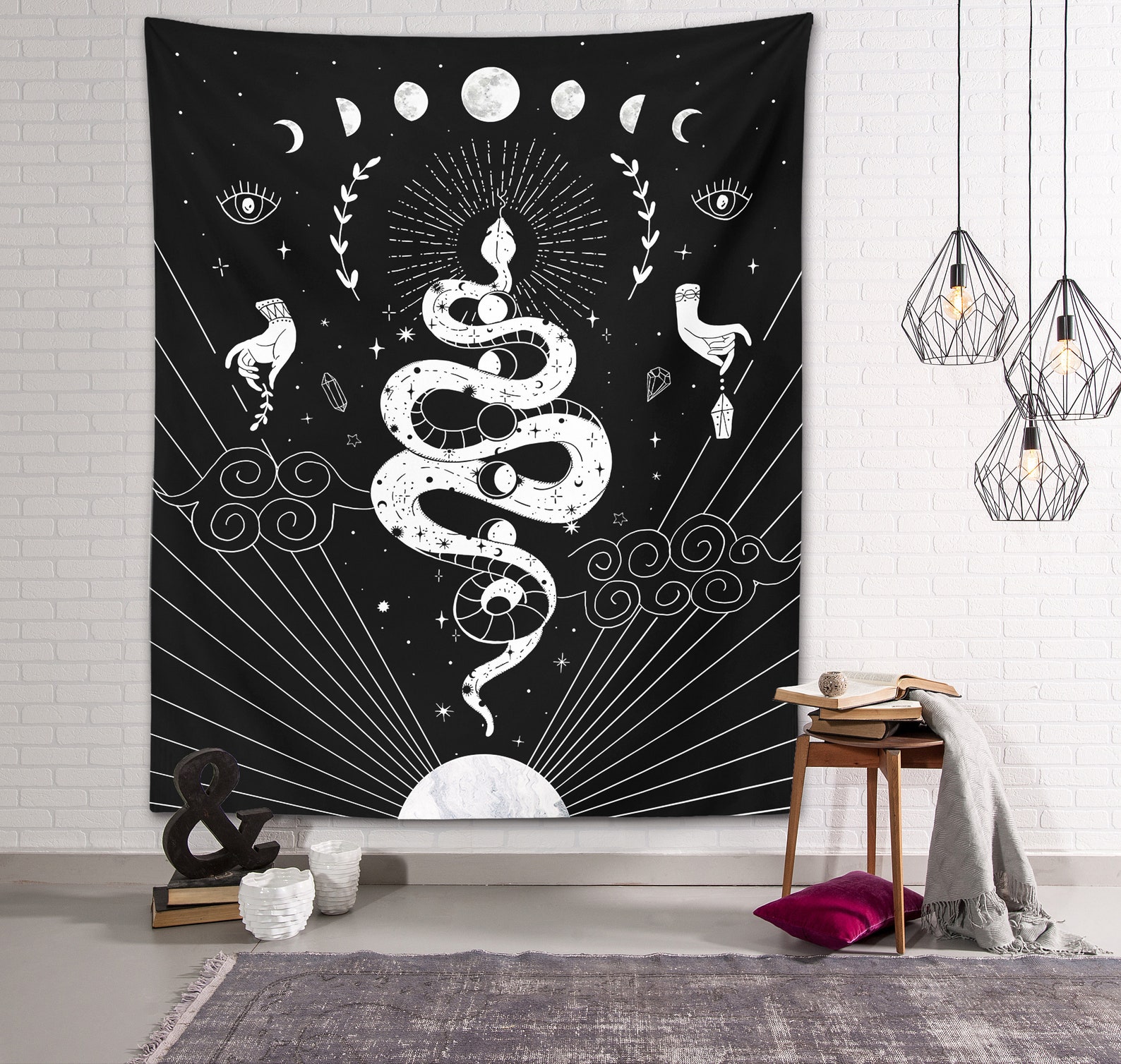 Witchy Snake Tapestry Celestial Wiccan Wall Hanging Sun and | Etsy