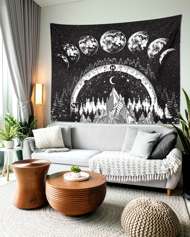 Moon Phases Tapestry Starry Night Wall Hanging Moon Landscape Night Sky ...
