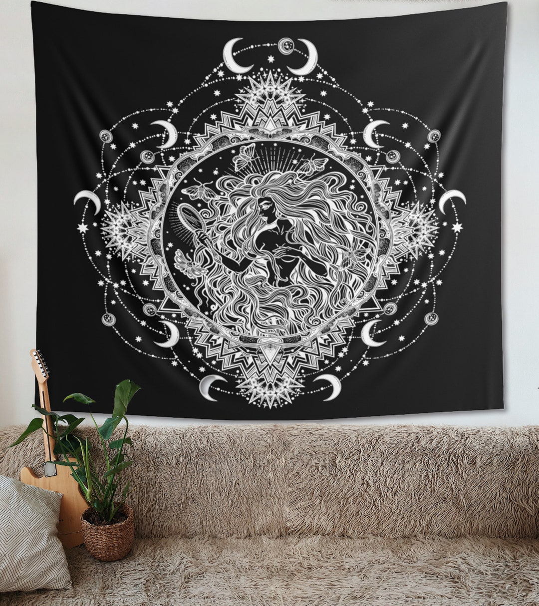 Moon Goddess Mandala Black White MOON Mandala Tapestry Celestial Wall ...