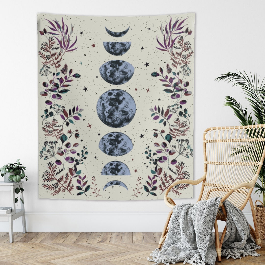 Moonlit Garden Tapestry Beige Moon Phases Wall Hanging Floral Lunar ...