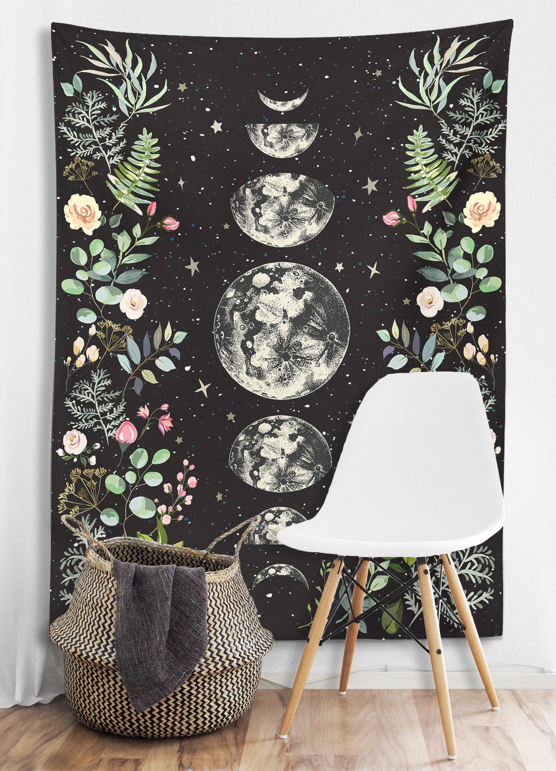 Moonlit Garden Tapestry Moon Phases Wall Hanging Floral Lunar | Etsy