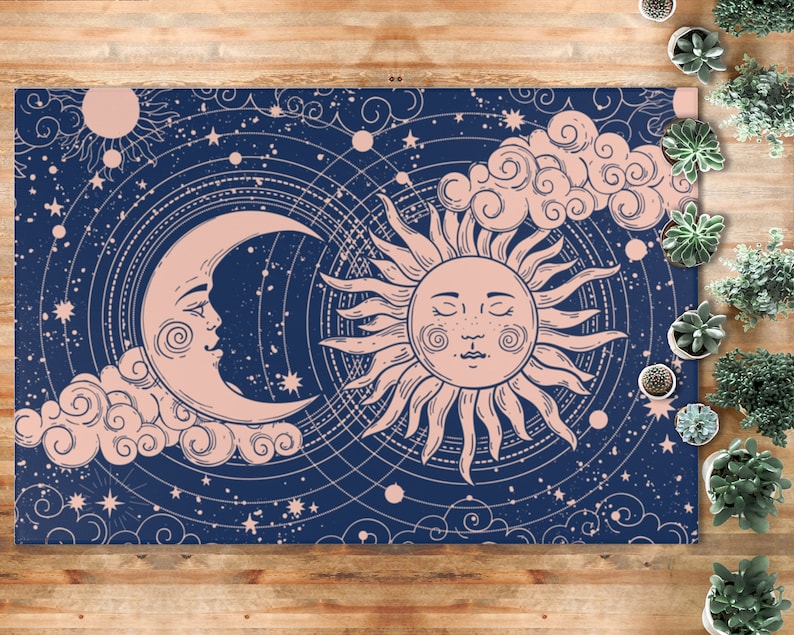 Sun and Moon Area Rug Blue Celestial Skies Floor Mat Clouds - Etsy