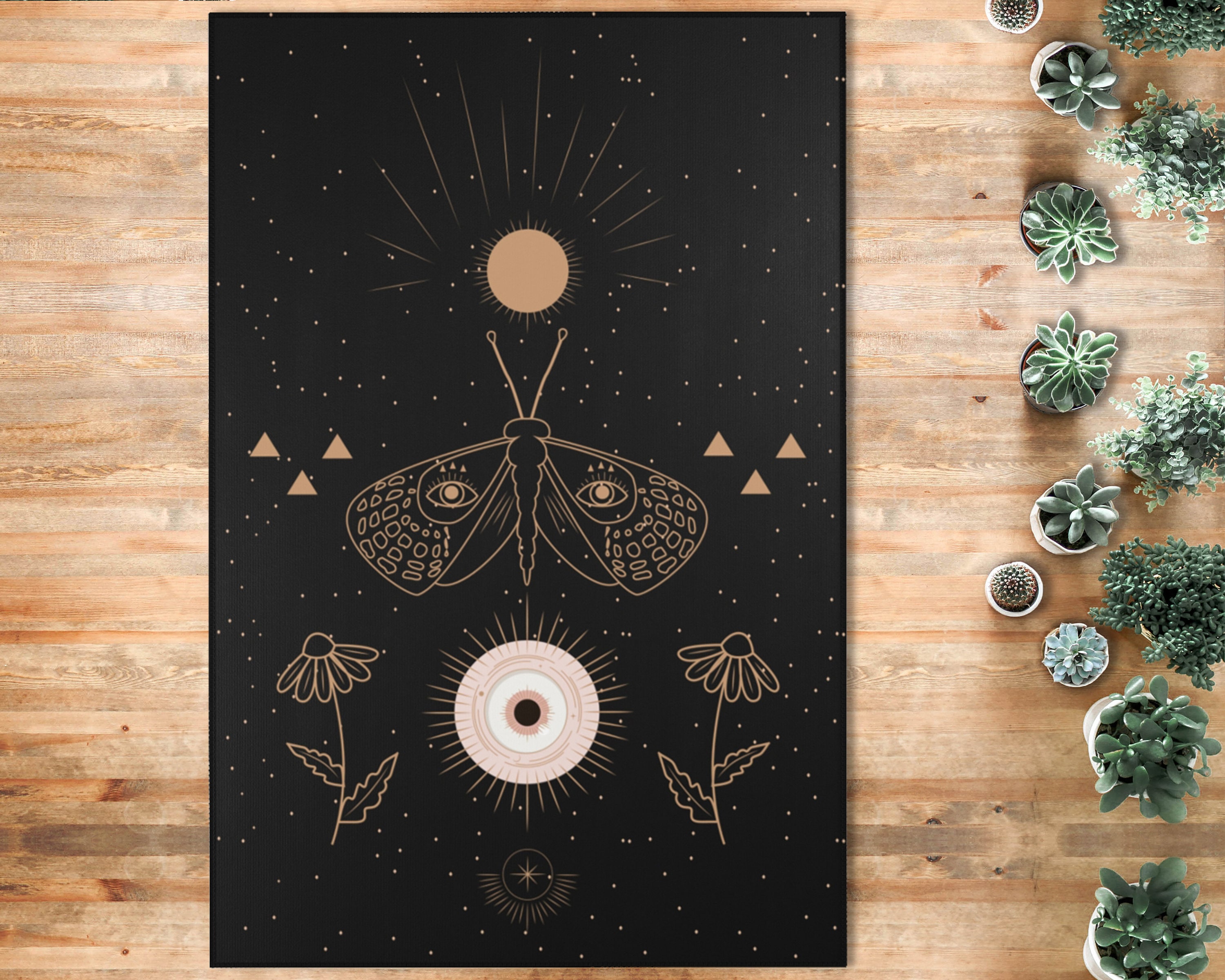 Celestial Moth Area Rug Black Boho Gothic Floor Mat Witchy Altar Decor ...