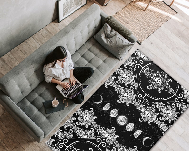 Skull & Luna Area Rug Moon Phases Spooky Skulls Damask Floor | Etsy