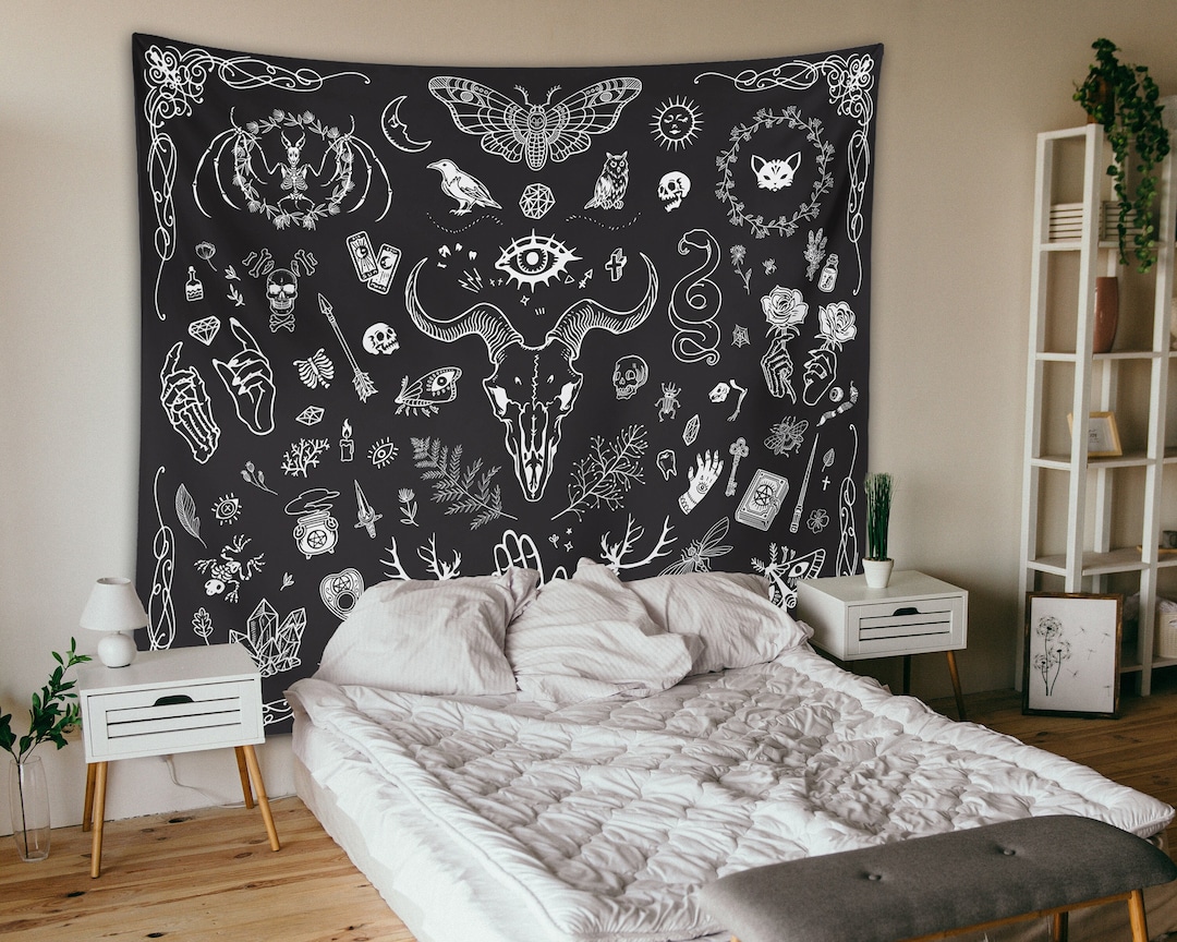 Gothic Witchy Tapestry Witchcraft Magic Moon Skulls Black Indoor Wall ...