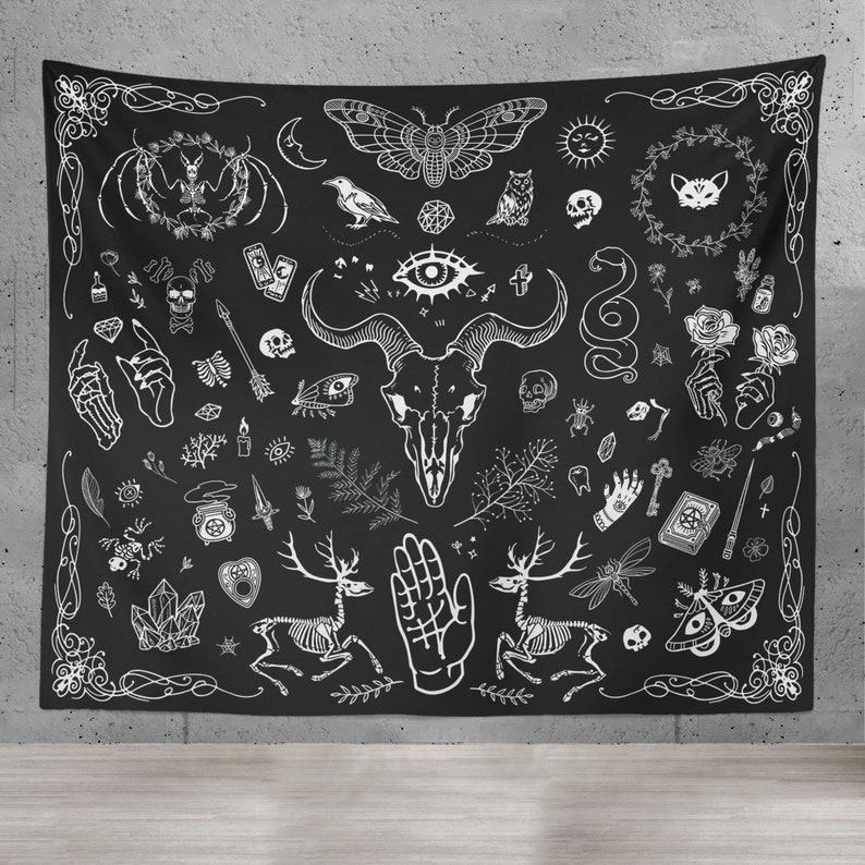 Gothic Witchy Tapestry Witchcraft Magic Moon Skulls Black | Etsy Canada
