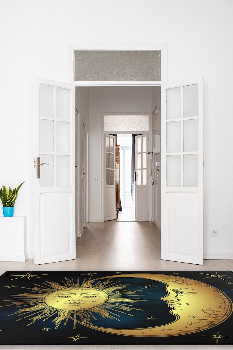 Sun and Moon Area Rug Celestial Crescent Moon Carpet Golden Sun Antique ...