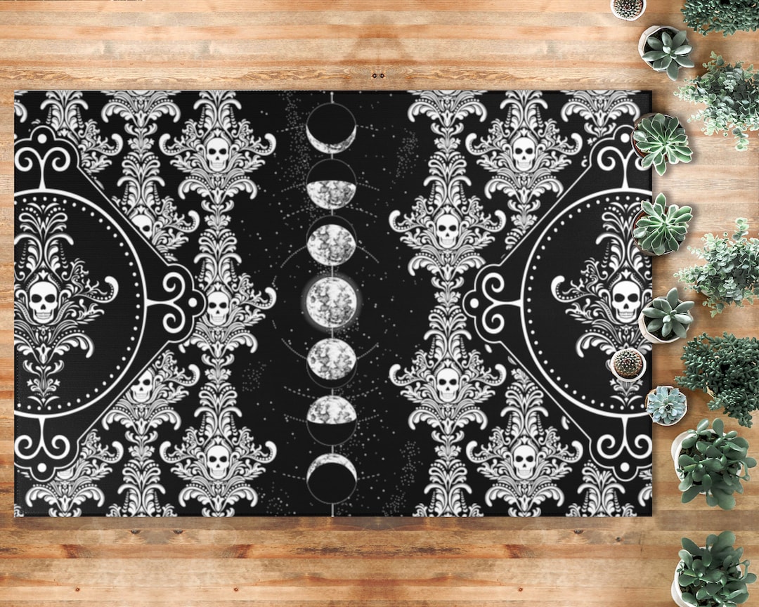 Skull & Luna Area Rug Moon Phases Spooky Skulls Damask Floor Mat Gothic ...