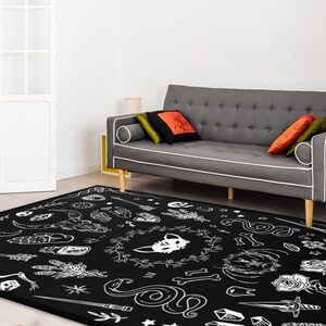 Gothic Witchy Area Rug Witchcraft Magic Moon Skulls Snake Sphynx Black ...
