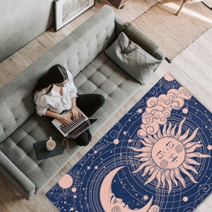 Sun and Moon Area Rug Blue Celestial Skies Floor Mat Clouds Bohemian ...