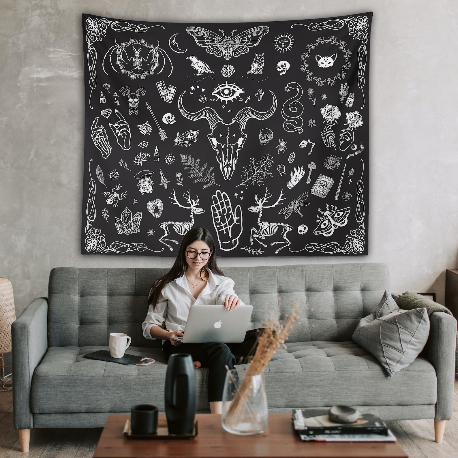 Gothic Witchy Tapestry Witchcraft Magic Moon Skulls Black | Etsy Canada