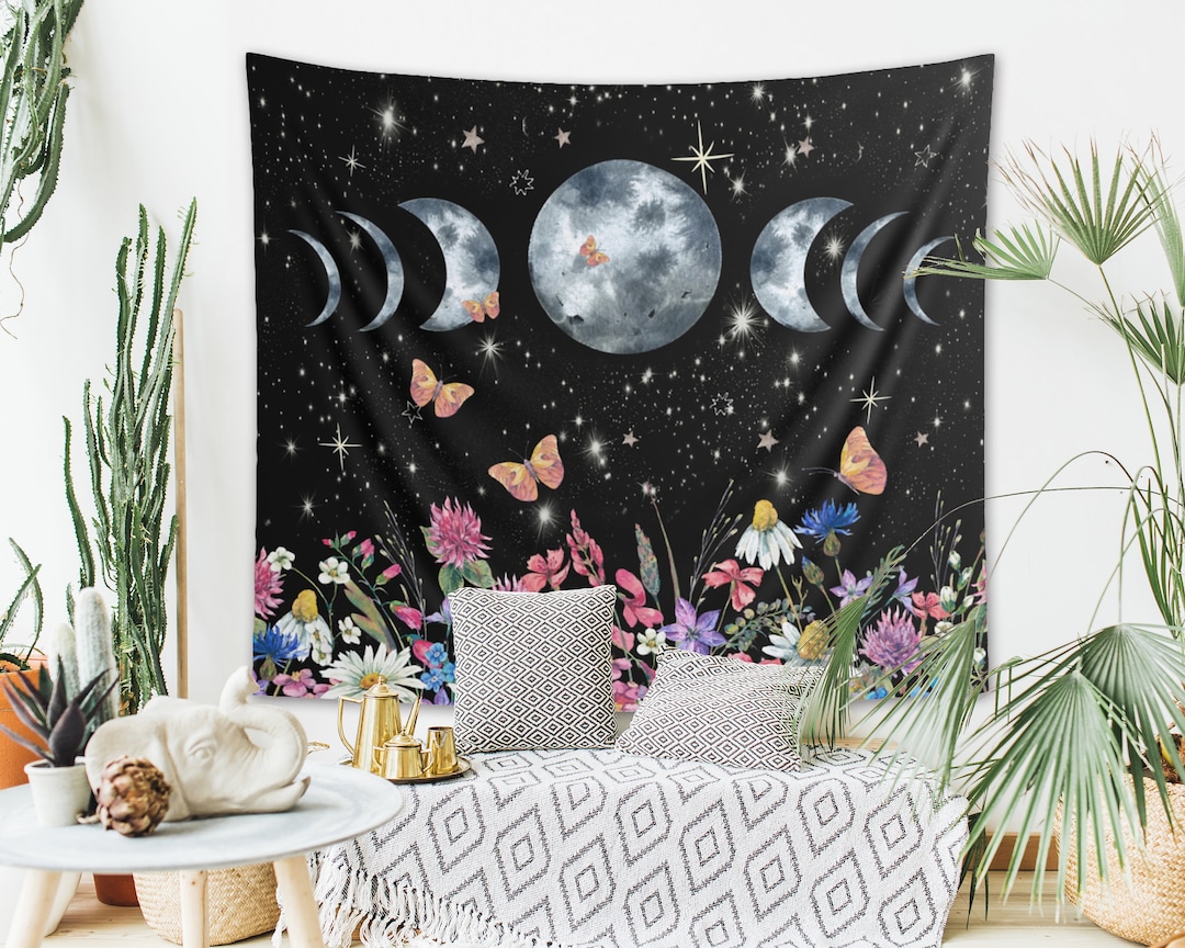 Moon Phases & Butterflies Tapestry Starry Night Floral Wall Hanging Sun ...