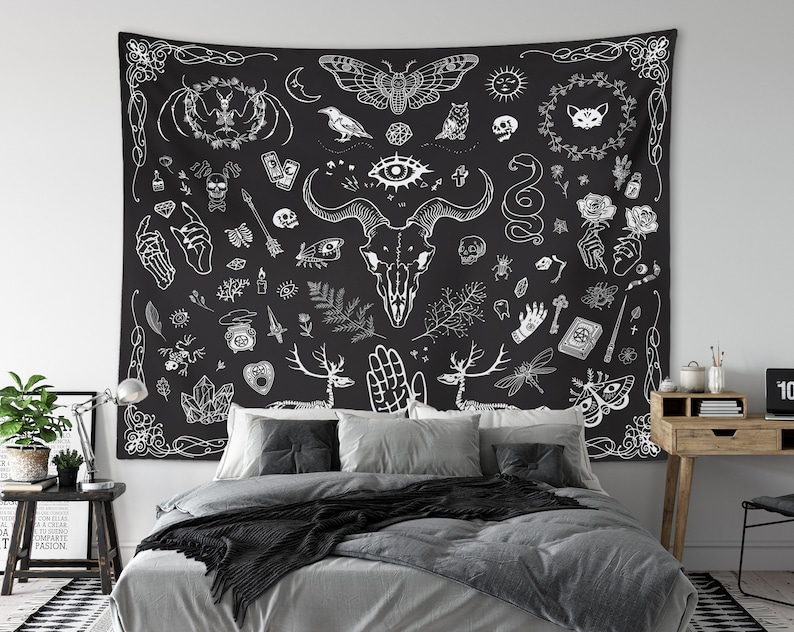 Gothic Witchy Tapestry Witchcraft Magic Moon Skulls Black - Etsy