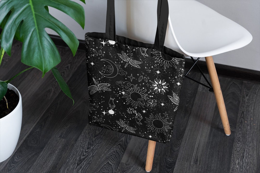 Celestial Moth Tote Bag Sun and Moon Constellations Black and White ...