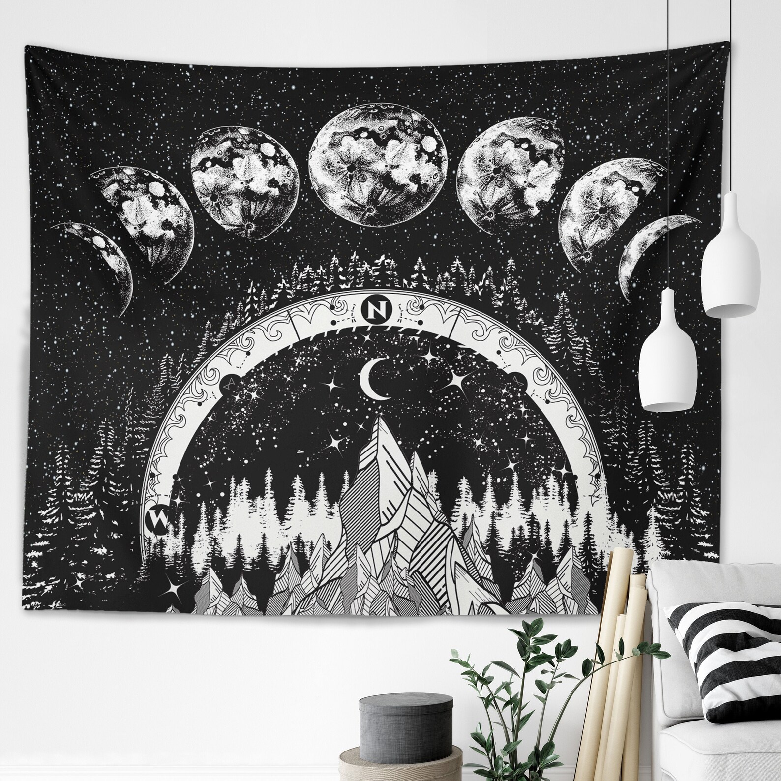 Moon Phases Tapestry Starry Night Wall Hanging Moon Landscape Night Sky ...