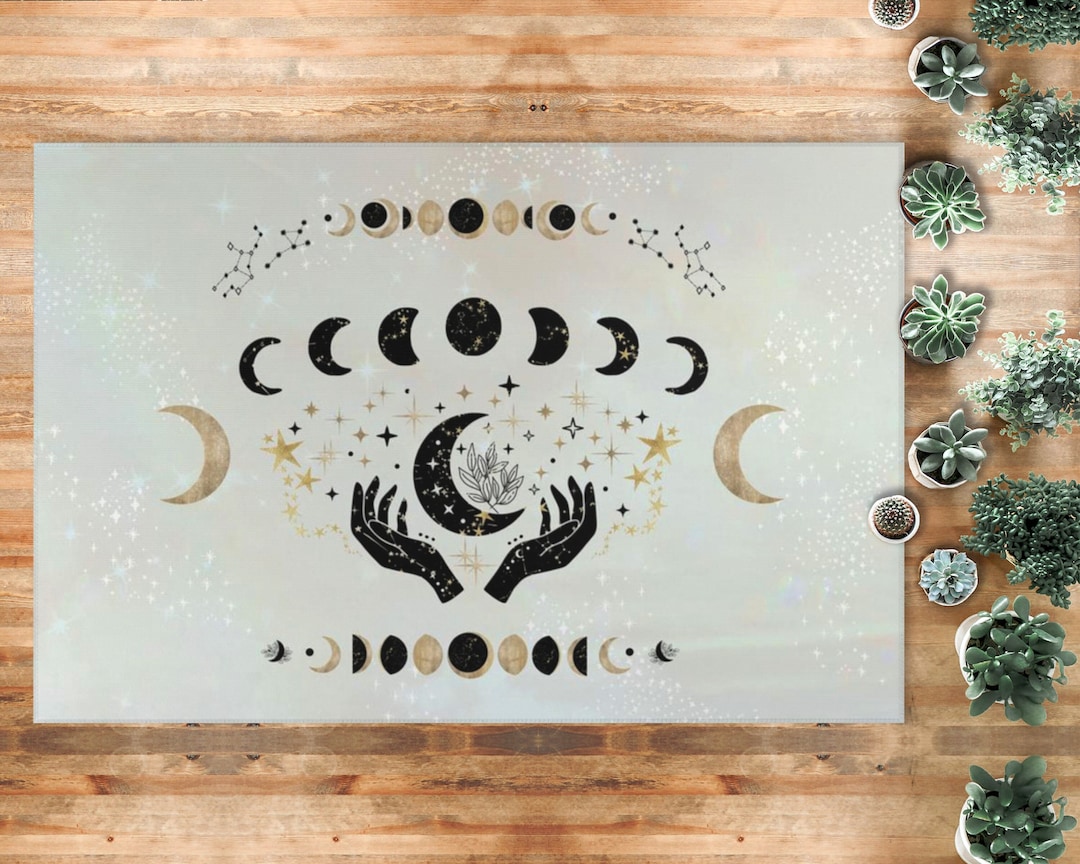 Celestial Moon Area Rug - Moon Phases Magic Hands Lunar Carpet Eclipse ...