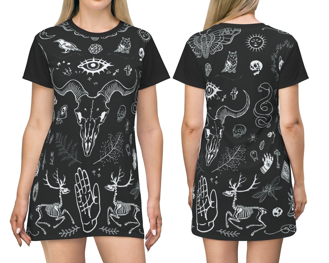 Witchy Gothic Dress Magic Esoteric Occult Skulls Moon Skeletons Black ...