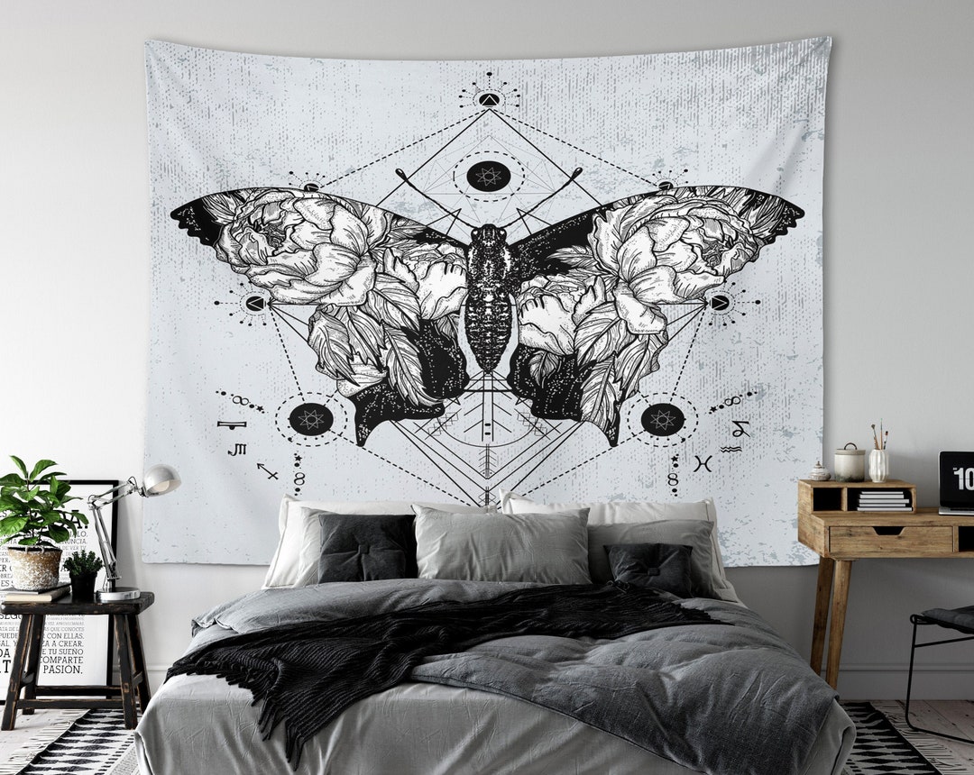 Butterfly Tapestry Moths Wall Hanging Black and White Gothic Biology ...