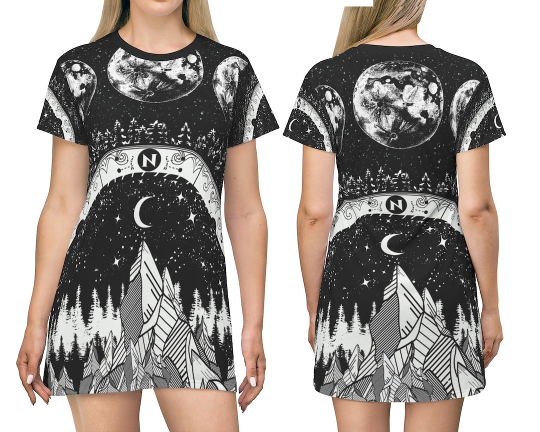 Moon Phases Dress Black&white All Over Print T-shirt Dress Grunge Dress ...