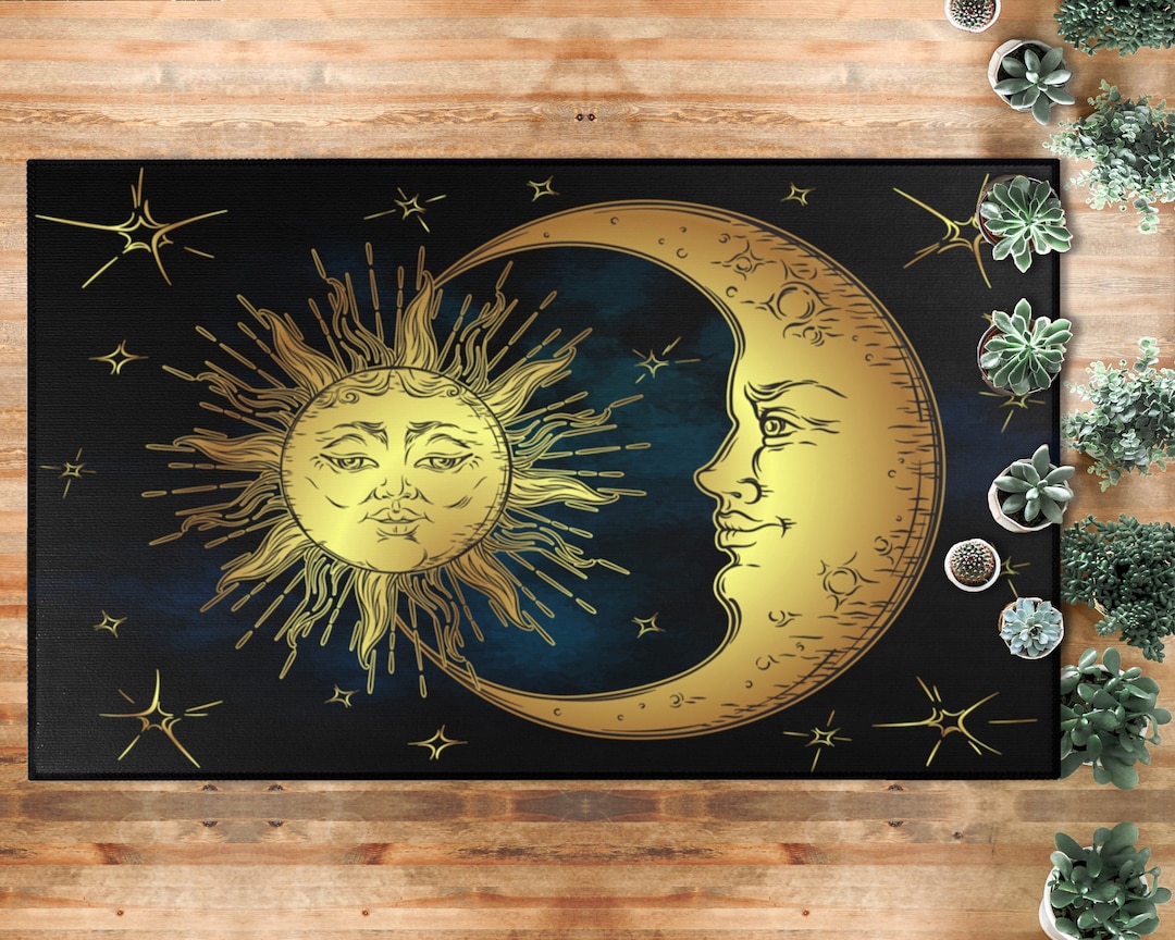 Sun and Moon Area Rug Celestial Crescent Moon Carpet Golden Sun Antique ...
