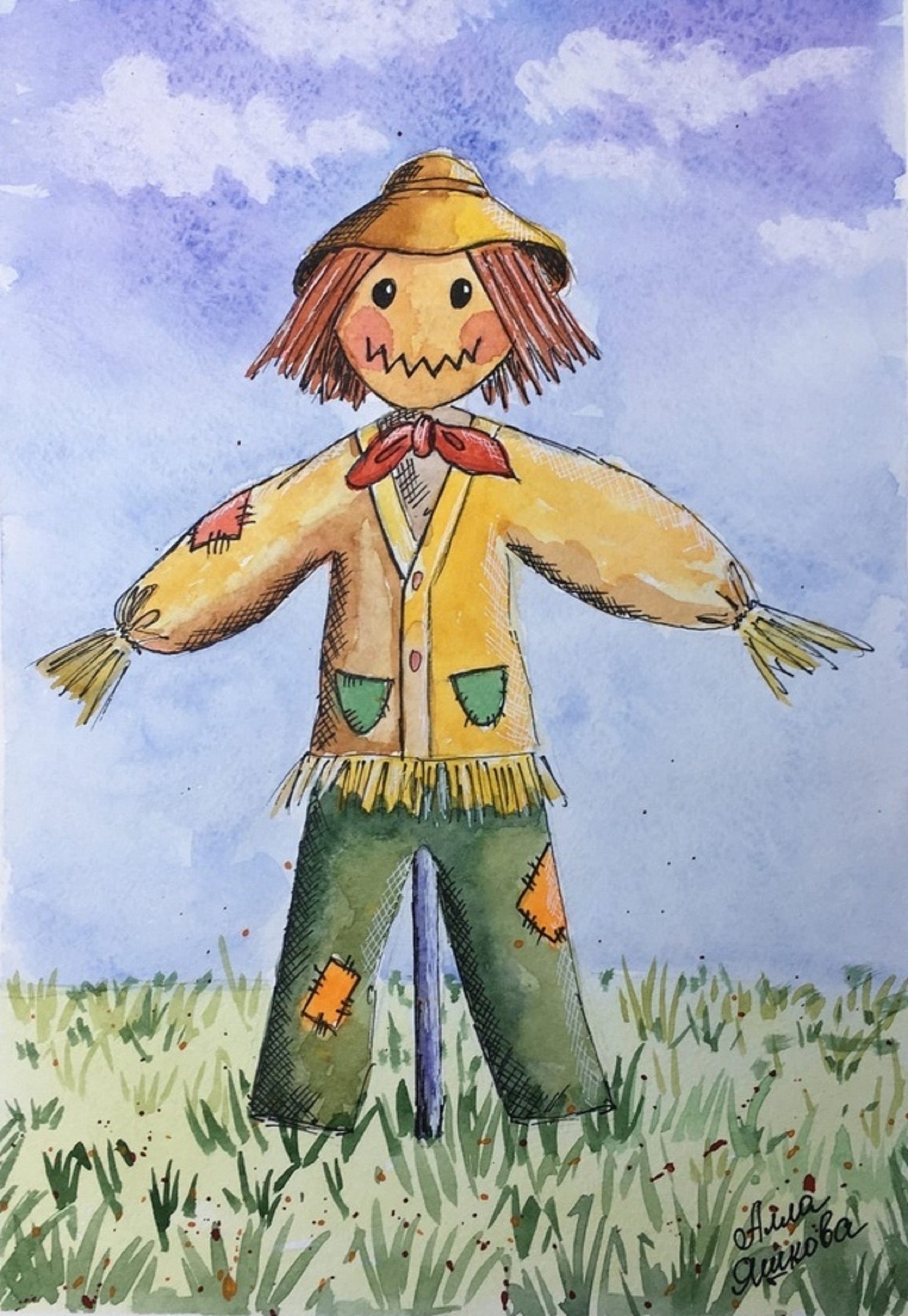 Scarecrow Painting Whimsical Original Art Children's Art Watercolor ...