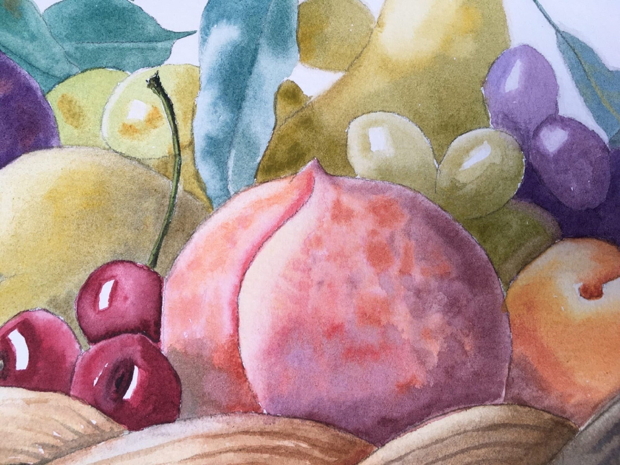Fruits Basket Painting Original Art Watercolor Grape Painting Peach ...