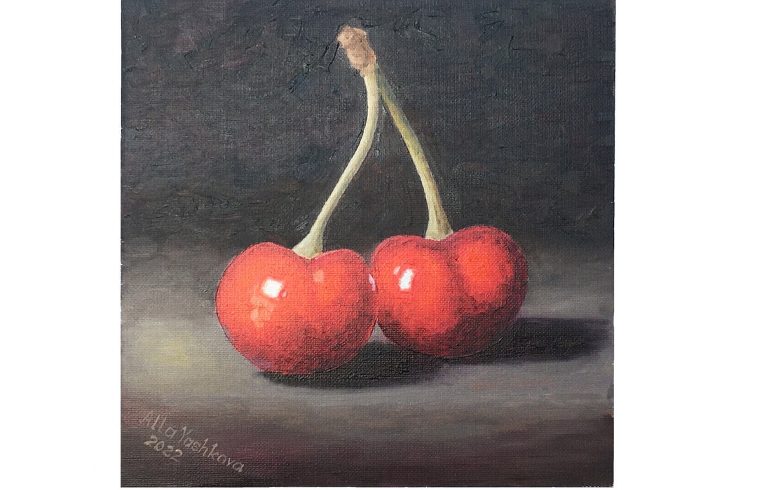 Original Cherry Oil Painting: Hyperrealism Still Life, 10x10" - Etsy