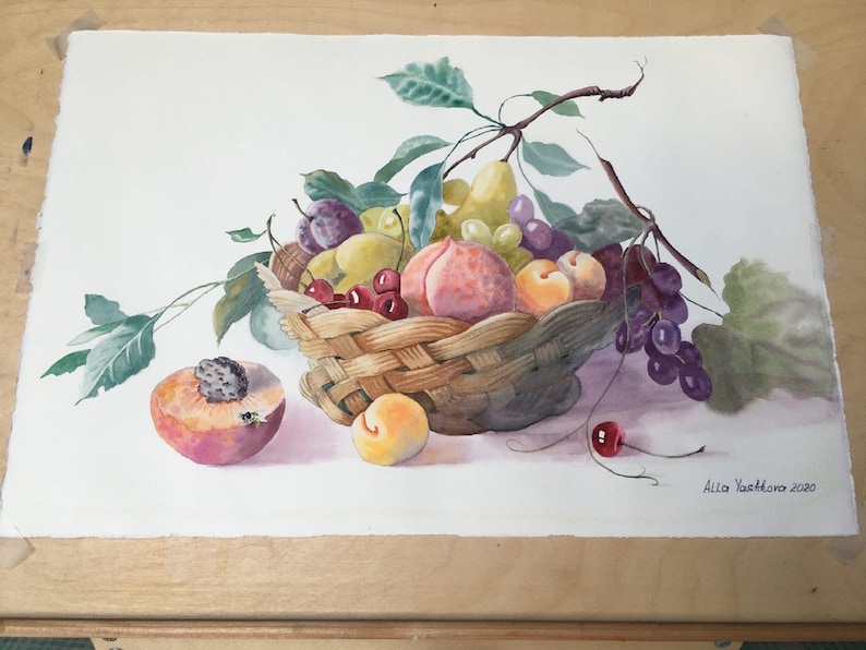 Fruits Basket Painting Original Art Watercolor Grape Painting Peach ...