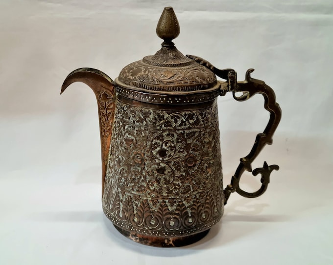 Antique Kashmiri Ewer - a Large Late 19th Century Copper & Brass Lidded ...