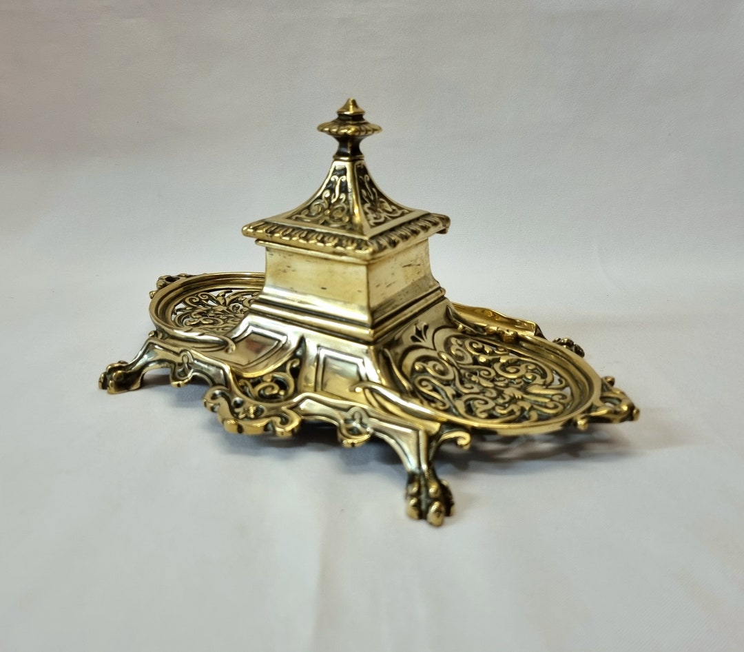 Antique Brass Inkstand - a Lovely Late Victorian Pierced Cast Brass ...