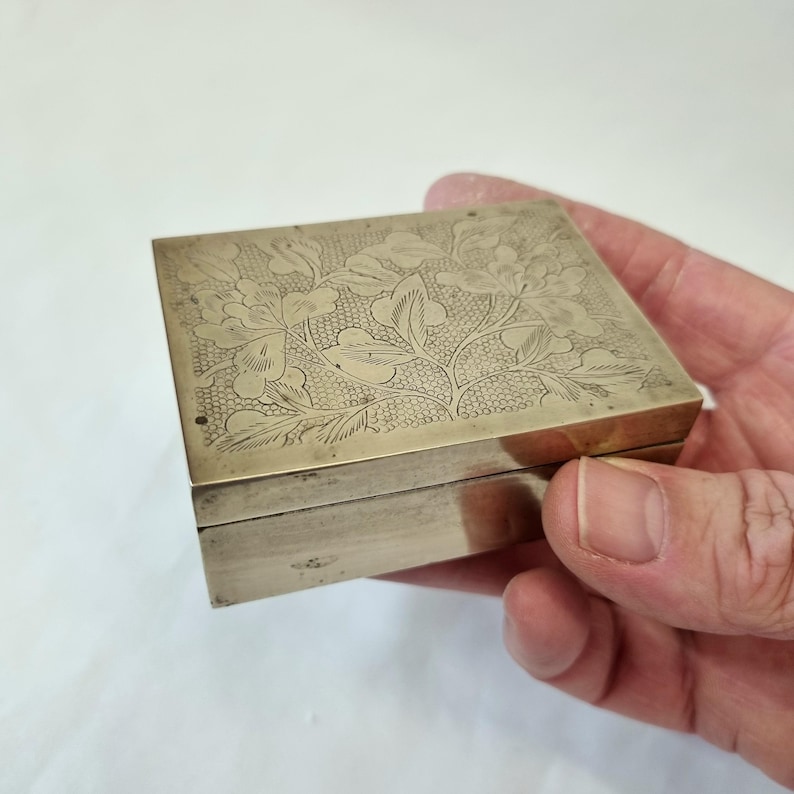 A Small Vintage Chinese Brass and Wood Lined Trinket Box With Etched ...