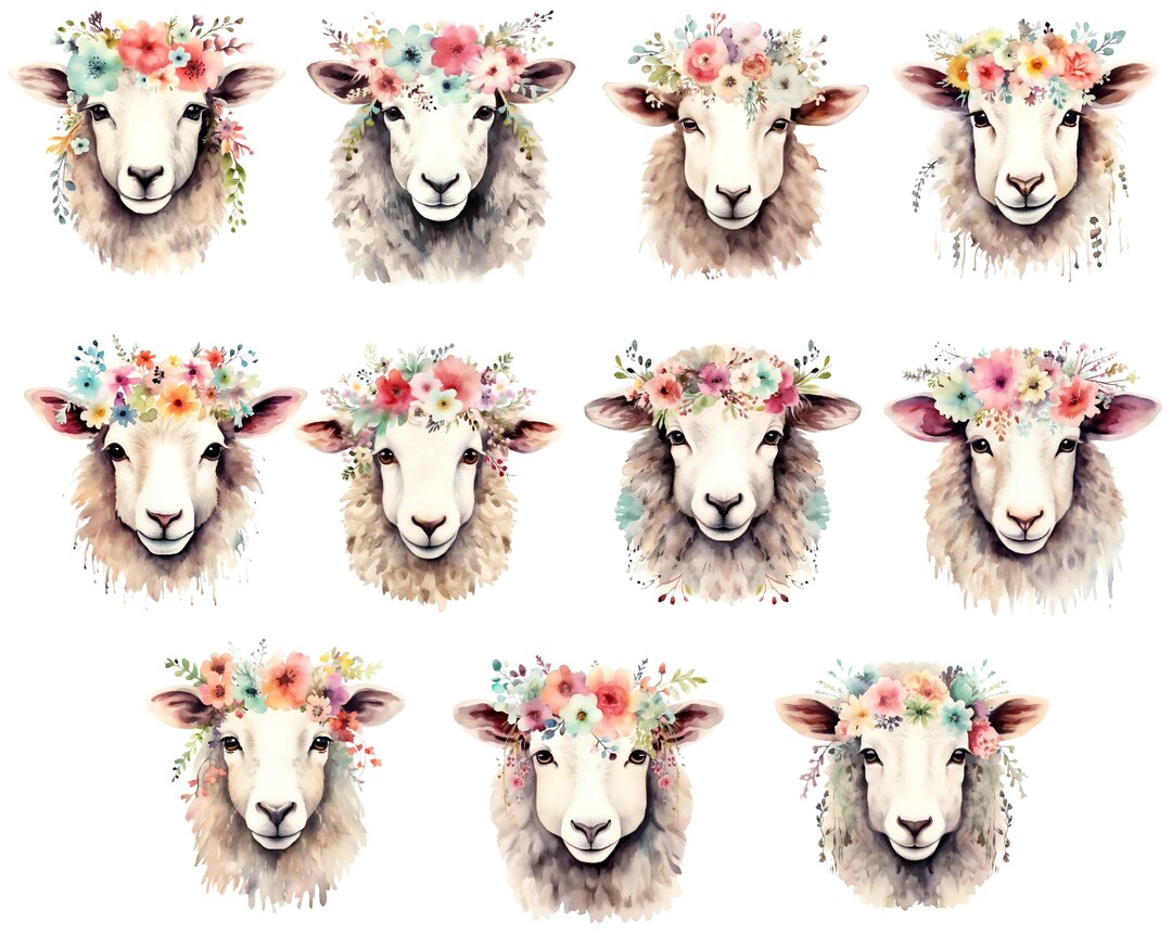 Floral Sheep Clipart, Watercolor Floral Sheep, Sheep Face Clipart ...