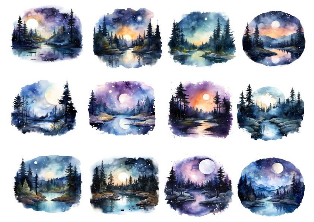 Watercolor Moonlight Clipart, Watercolor Night Landscape, Night ...