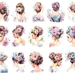 Flower Girl Watercolor Clipart, Watercolor Girl With Messy Bun, Floral ...