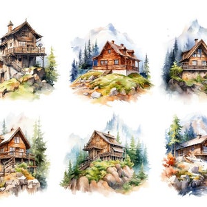 Watercolor Cabin in the Woods Png, Log Cabin Bundle Clipart, Cabin Watercolor Clipart, Forest ...